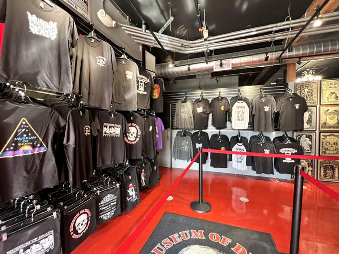 The gift shop ensures you can take a piece of mortality home with you. Death-themed t-shirts make unique souvenirs!