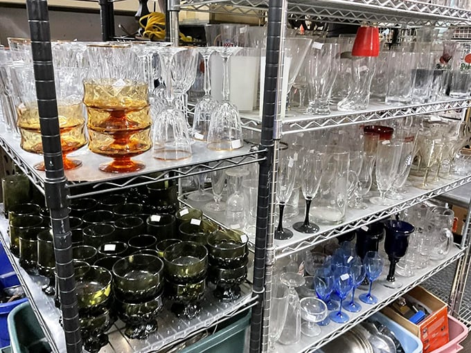 Crystal and colored glass catch the light like liquid rainbows &ndash; these shelves of vintage stemware are ready to elevate your next dinner party. 