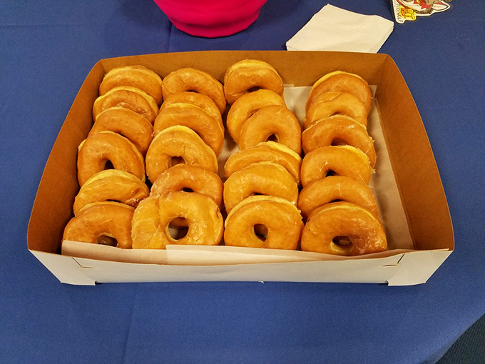 A box of glazed donuts arranged with military precision. The golden army awaits deployment to offices, breakrooms, and grateful stomachs across Ohio.