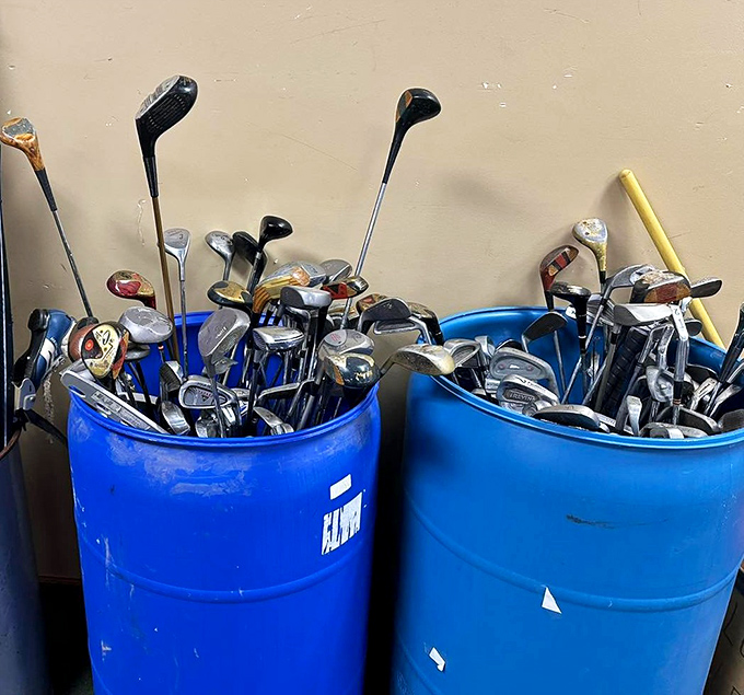 Golf clubs galore in these blue barrels of possibility. Perfect for beginners, upgraders, or those who blame their slice on "faulty equipment" rather than technique.