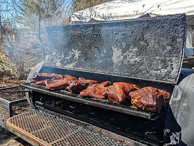 The smoker&mdash;where the magic happens. Those hunks of meat are transforming into the stuff of local legend.
