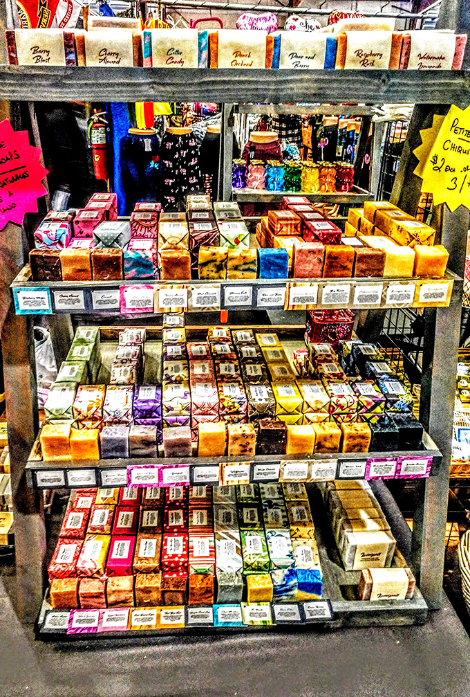 A rainbow of handcrafted soaps stands at attention, promising to transform your shower from mundane to magnificent.