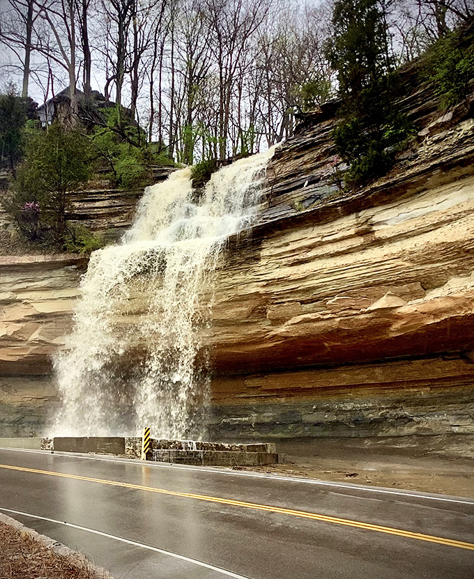 Hanging Rock Falls cascades dramatically alongside the roadway. Mother Nature showing off her waterworks in a display that puts man-made fountains to shame.