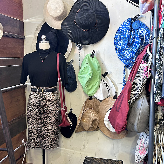 The leopard skirt and sun hat display proves that Valhalla understands the two essential food groups of Florida fashion.