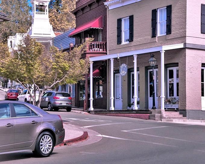 The muted earth tones of Nevada City's historic buildings create a warm palette that feels both timeless and distinctly Californian.