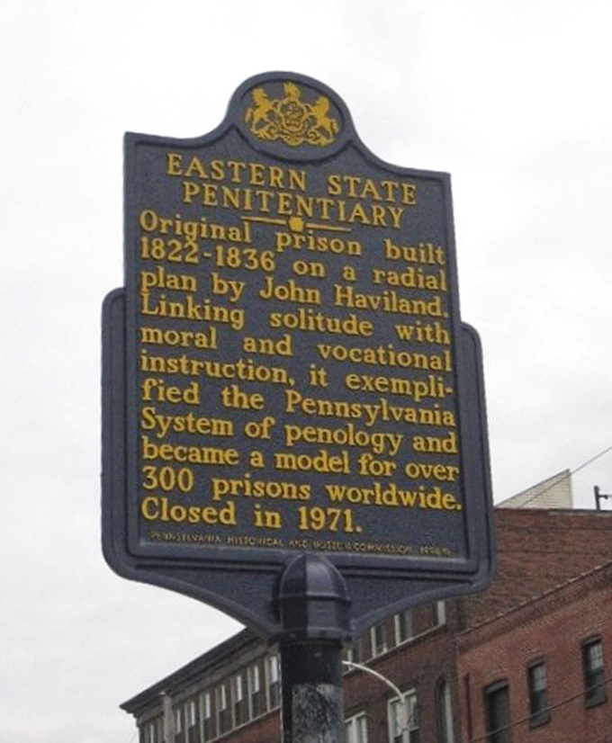 History condensed into a roadside marker. This plaque barely scratches the surface of Eastern State's profound impact on correctional facilities worldwide.