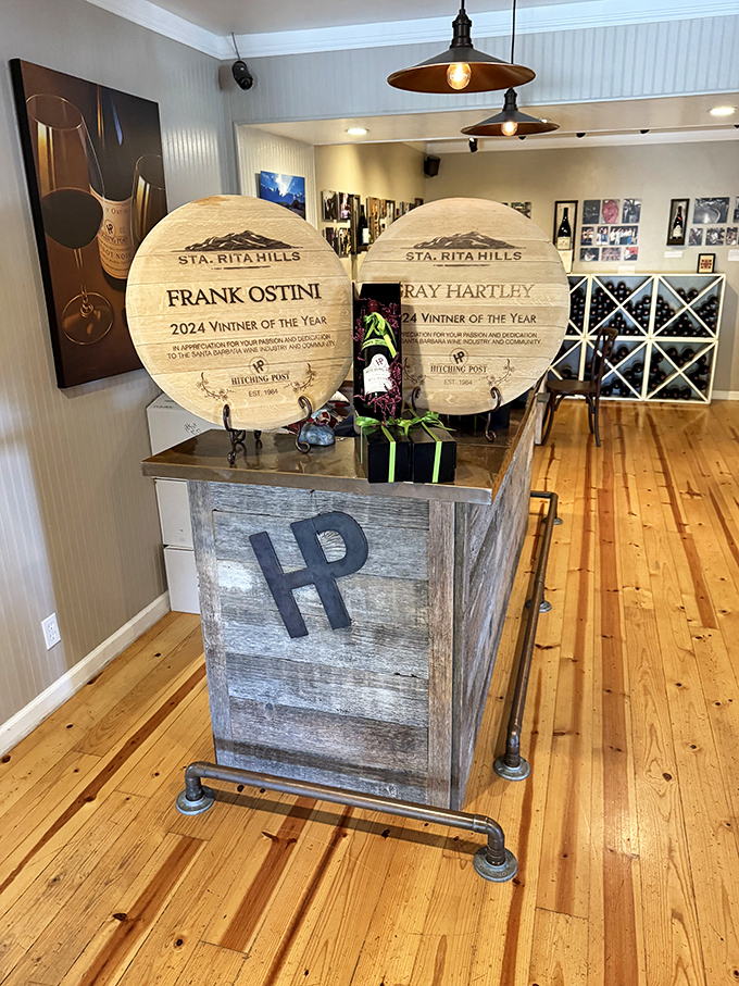 Their winery operation isn't just a side hustle&mdash;it's a passionate extension of their food philosophy. Those wooden plaques celebrate the deep connection to Santa Rita Hills terroir.