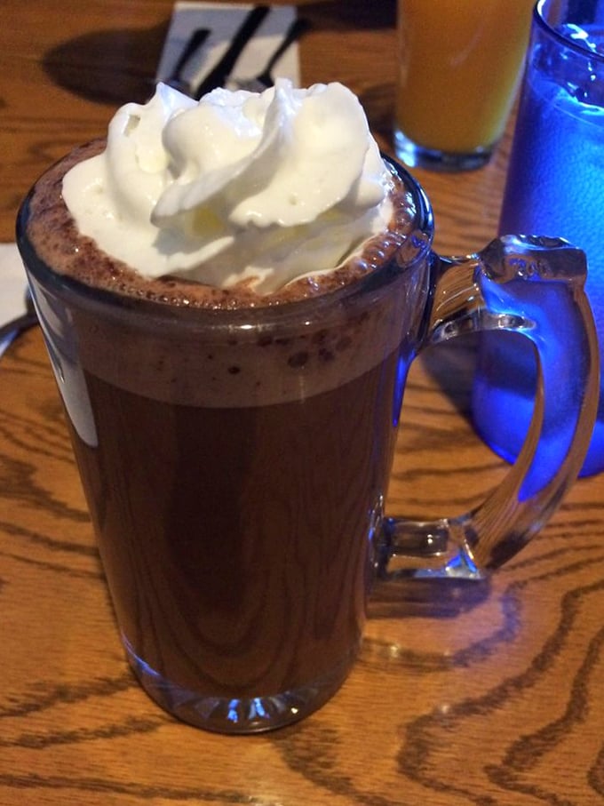 Hot chocolate that doesn't just come with whipped cream&mdash;it provides a proper whipped cream experience. Winter comfort in a blue mug. 