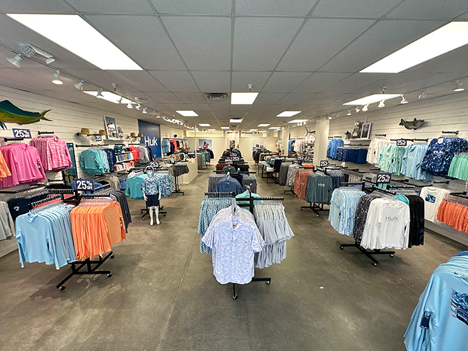 The Huk store's colorful display of fishing and outdoor apparel proves that even practical clothing can look good enough to make fish do a double-take.