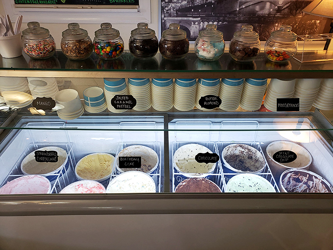 An ice cream selection that demands multiple visits. Those toppings in jars aren't just condiments—they're possibilities waiting to happen.