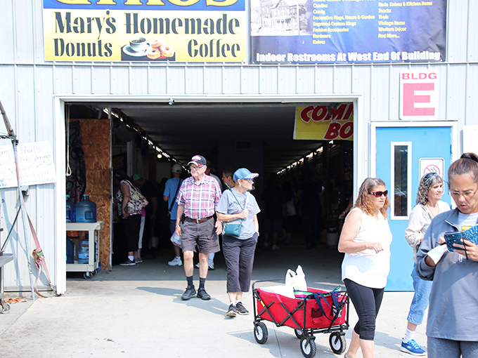 "Mary's Homemade Donuts" beckons weary shoppers. The promise of fresh coffee and sweet treats provides motivation to explore just one more aisle.