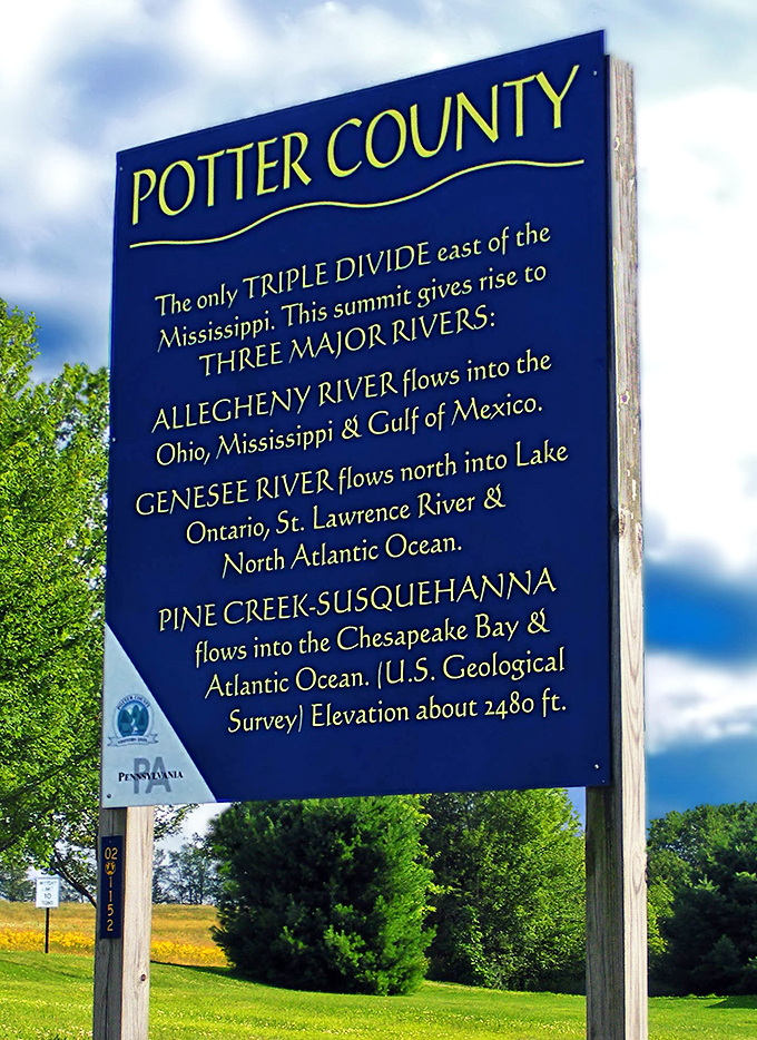 Potter County's Triple Divide—where raindrops decide their destiny. Water falling here could end up in three different oceans.