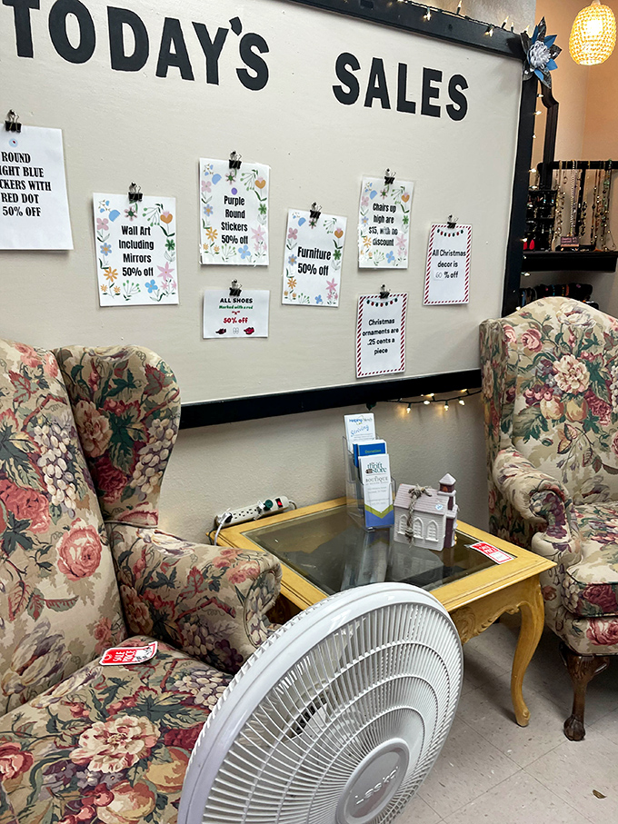 The sales board: a roadmap to even greater savings in a place where bargains already reign supreme. Fifty percent off furniture? Be still my wallet!