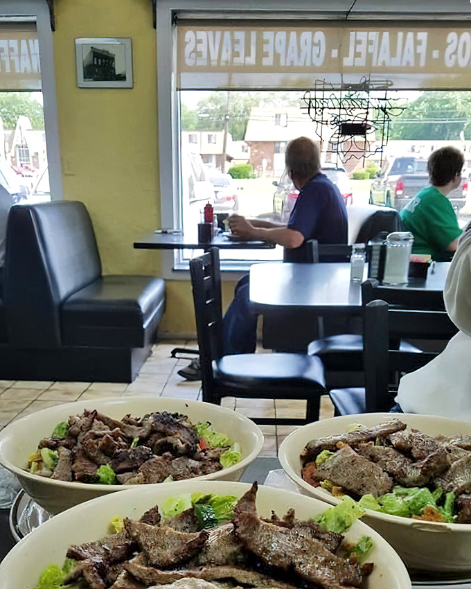 This is edible architecture, carefully constructed with layers of meat, veggies, and tzatziki that defy gravity.