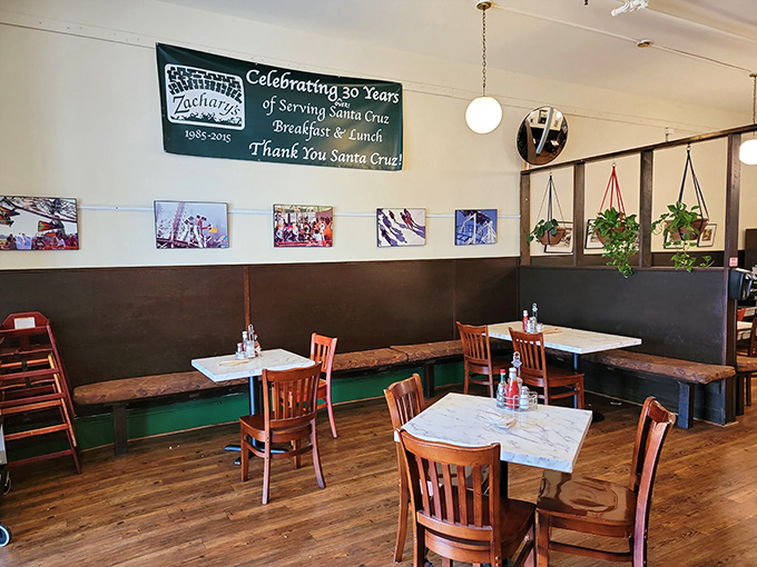 Hanging plants and warm wood paneling create dining nooks that feel both private and part of something bigger&mdash;like breakfast community theater.