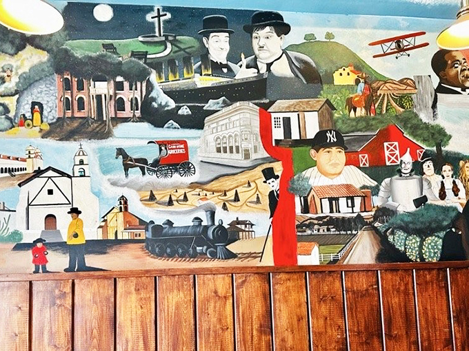 The wall mural offers a colorful history lesson you can enjoy between bites of pancake.