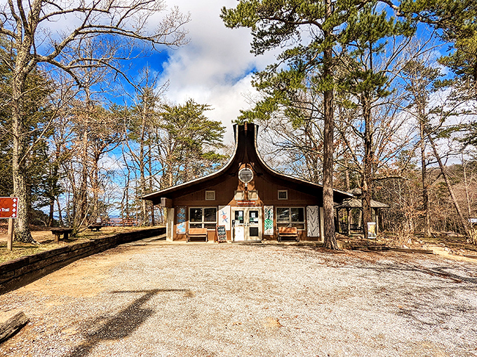 The interpretive center welcomes visitors with its distinctive roofline. Your journey into Georgia's grand canyon begins here.