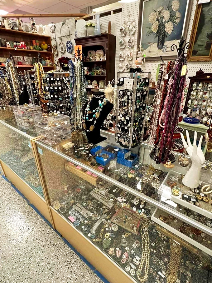 Jewelry that has adorned generations sparkles under display lights. These necklaces and brooches have witnessed first dates, anniversaries, and countless special occasions.