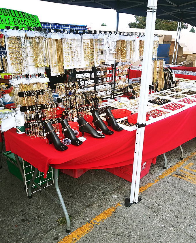 Gold chains, bracelets, and earrings glisten under the canopy. Jewelry shopping without the intimidating glass cases or hovering salespeople.