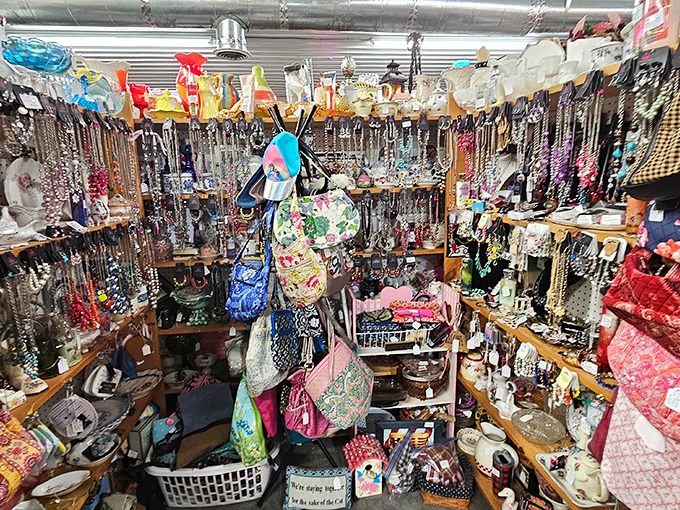 A jewelry lover's paradise where necklaces cascade like waterfalls of potential. More sparkle per square foot than a disco ball factory.