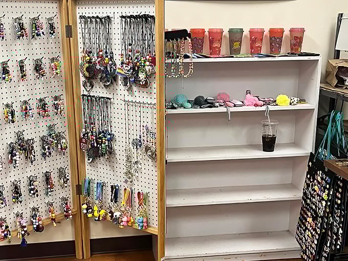 The keychain and bracelet display that proves one person's excess is another's expression. Small treasures with tiny price tags make for guilt-free shopping.