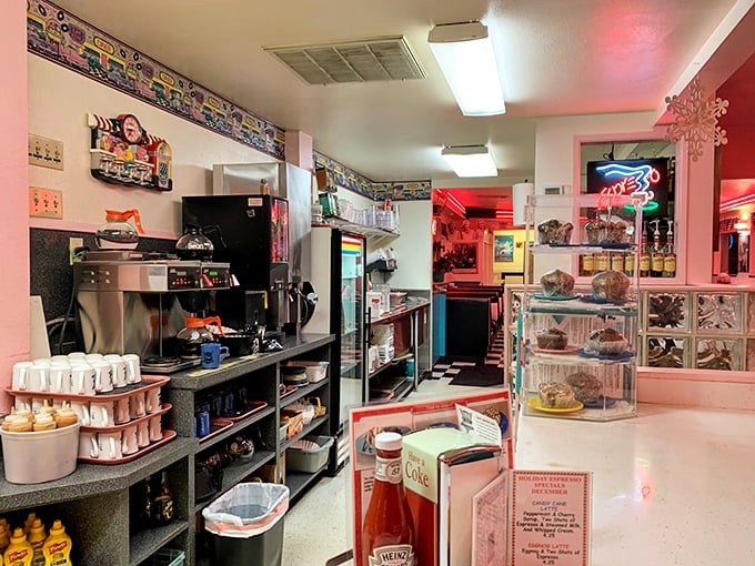 The kitchen area reveals the organized chaos behind the magic, where breakfast dreams become reality all day long.