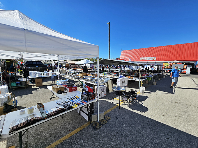 Treasure hunters scan tables of potential purchases, where kitchen gadgets and tools await their chance to become someone's favorite find.