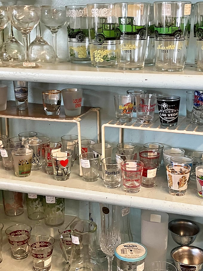 Vintage glassware that makes modern drinking vessels look positively boring. Those green-tinted car tumblers would make your Manhattan feel positively Gatsby-approved.