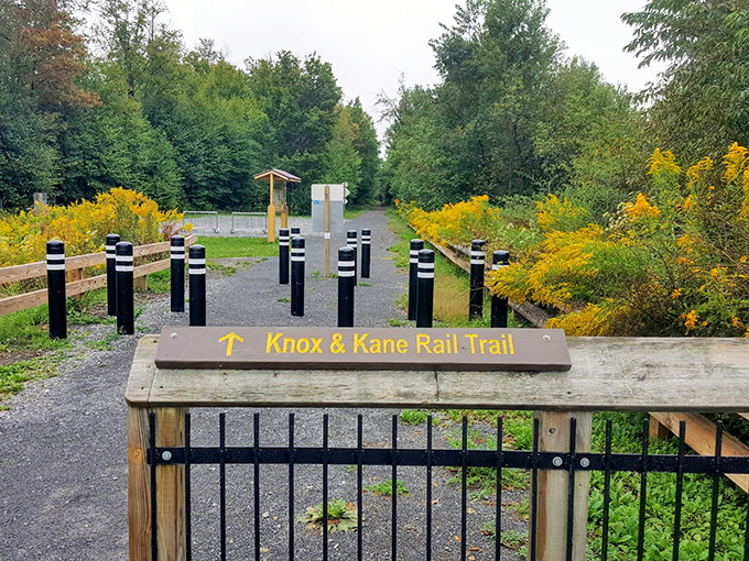 History preserved in modern form. The Knox & Kane Rail Trail entrance invites hikers and cyclists to follow the path once traveled by mighty locomotives.