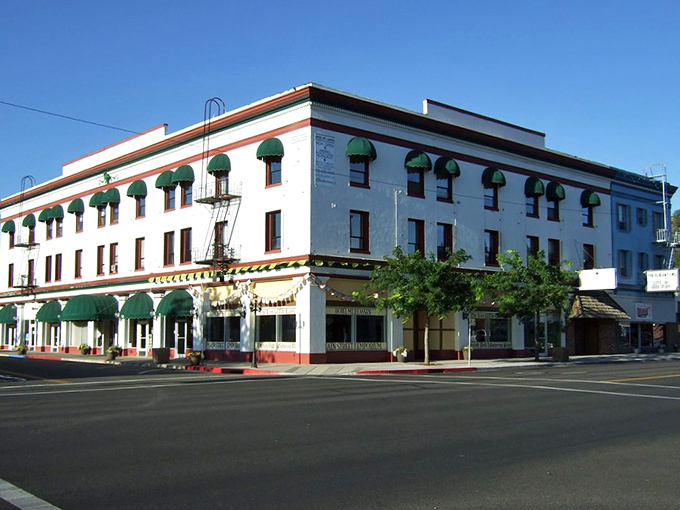 The Lassen Hotel's grand white facade and green awnings harken back to when traveling salesmen arrived by train and checked in with actual keys.