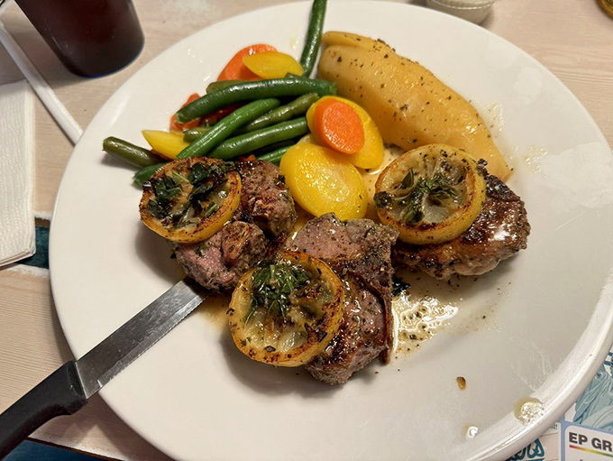 Lamb chops that make you question why you ever ordered anything else, served with vegetables that actually taste like vegetables.