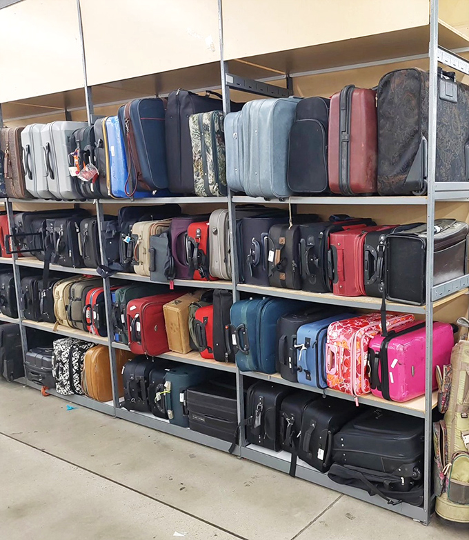 The luggage section looks like an airport baggage claim where every suitcase decided to stay. Each has stories of vacations past etched into their wheels.
