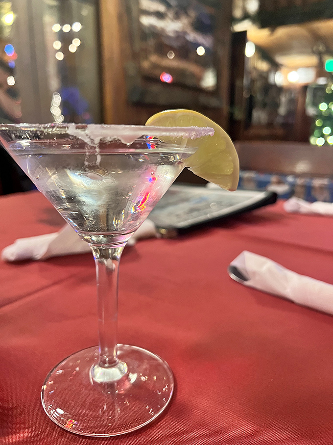 This martini, pristine and perfect on its red tablecloth, reminds us that even cowboys clean up nice sometimes.