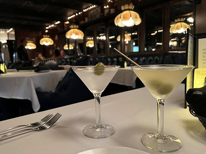 Two martinis catching up like old friends at the bar's perfect lighting.