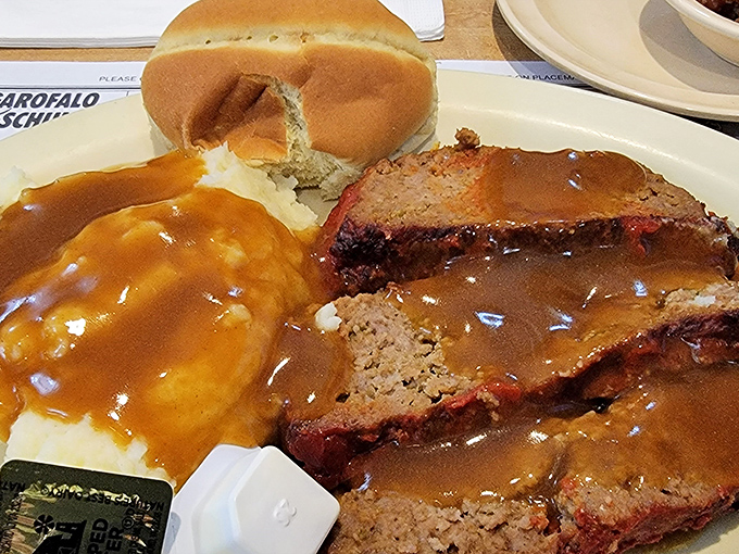 Meatloaf and mashed potatoes &ndash; proving that George's doesn't just do breakfast, they do time travel to the best parts of Midwestern childhood.