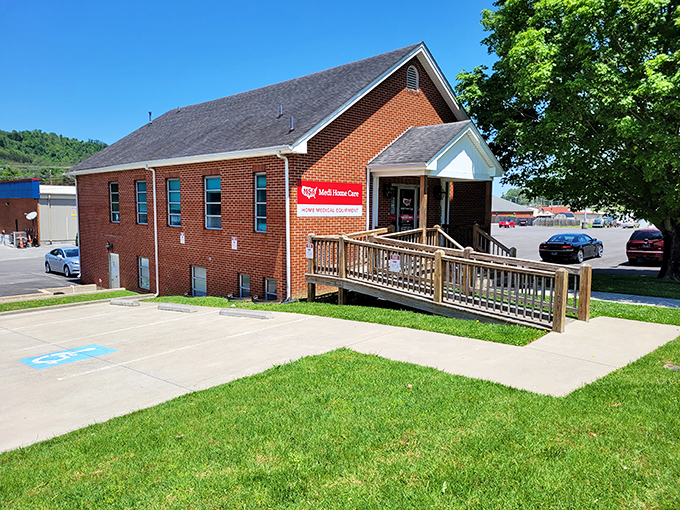 Not all of Rogersville's buildings are historic&mdash;this modern brick structure shows how the town balances preservation with practical community needs.