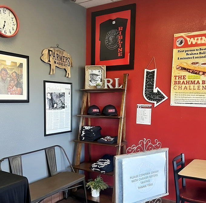 The wall of fame where BBQ dreams are made. Those hats aren't just merchandise&mdash;they're badges of honor for serious meat enthusiasts.