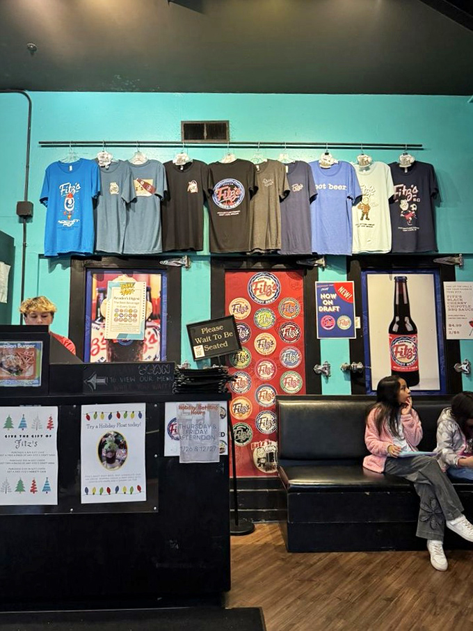 The merch wall offers a rainbow of Fitz's-branded souvenirs, because wearing your root beer loyalty on your sleeve is perfectly acceptable here.