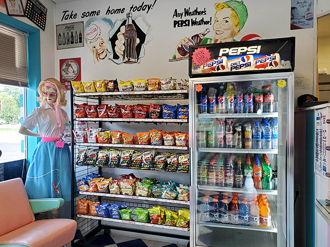 The snack selection rivals the sandwich menu, ensuring no craving goes unsatisfied in this retro-cool establishment.