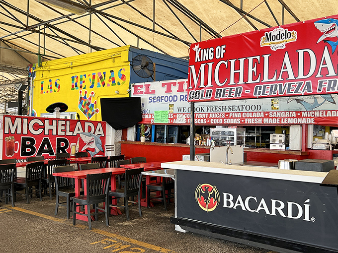 The "King of Michelada" beckons thirsty shoppers with promises of spicy beer concoctions&mdash;the perfect reward after hours of haggling.