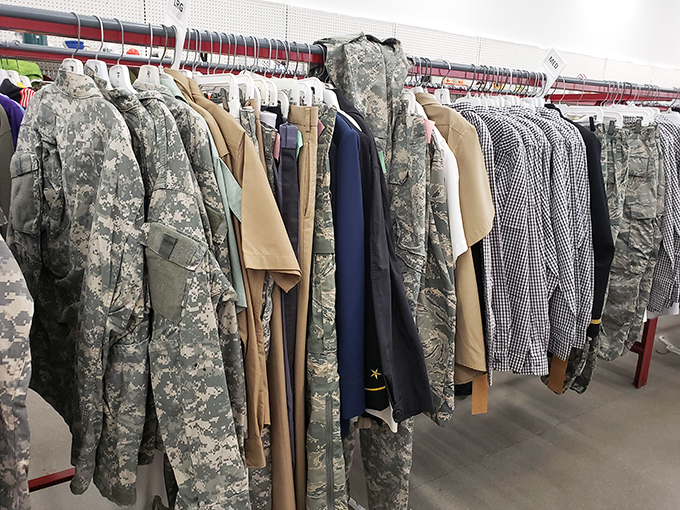 Military uniforms stand alongside everyday wear, offering both practical options and a nod to service members in the community.