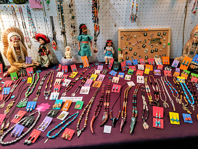 Handcrafted Native jewelry displays generations of artistry on tables rich with cultural heritage and beauty.