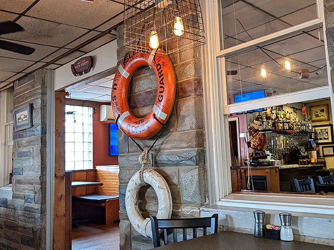 Life preservers on the wall remind you that you're in good hands – both nautically speaking and culinarily. Safety first, flavor a very close second.
