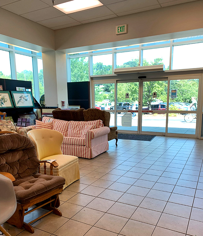 The living room section showcases an eclectic mix of seating possibilities—from grandma-chic to surprisingly modern—all waiting for their next chapter to begin.