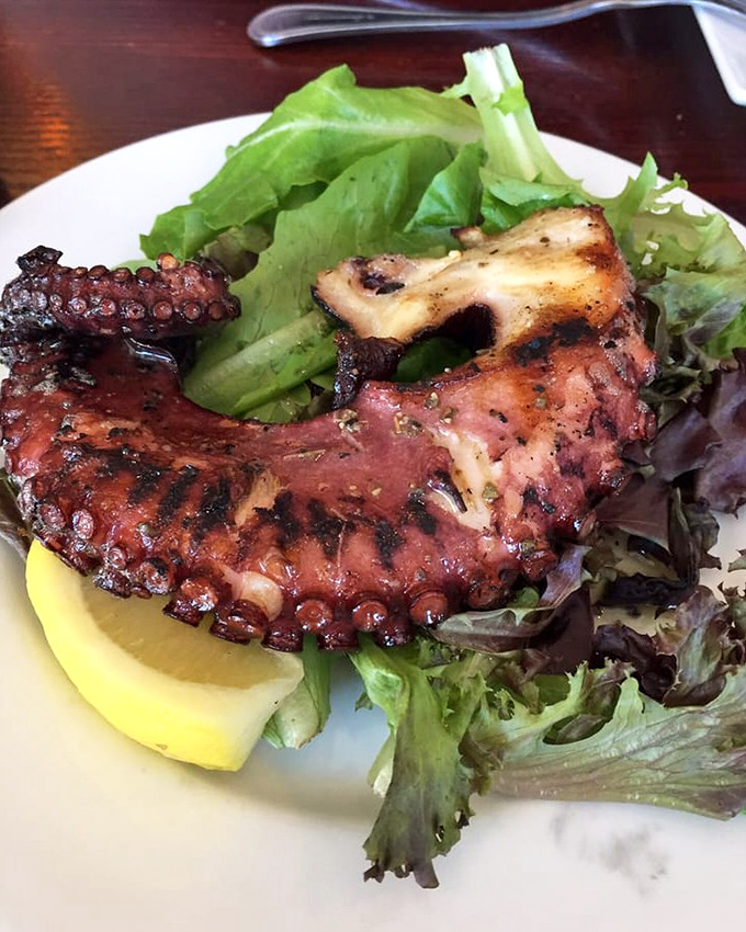 Octopus that's been coaxed into tenderness through ancient Greek wisdom, served with dignity atop fresh greens and a lemon wedge for brightness.