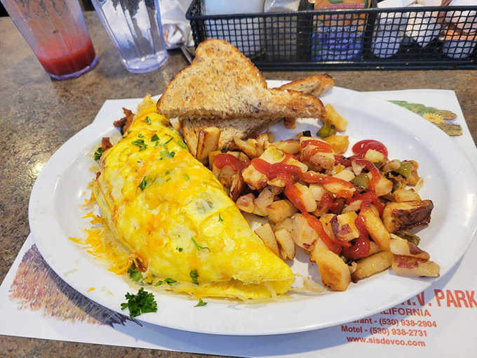 This omelet didn't just happen&mdash;it was engineered by breakfast professionals. The toast stands ready for mopping duties.