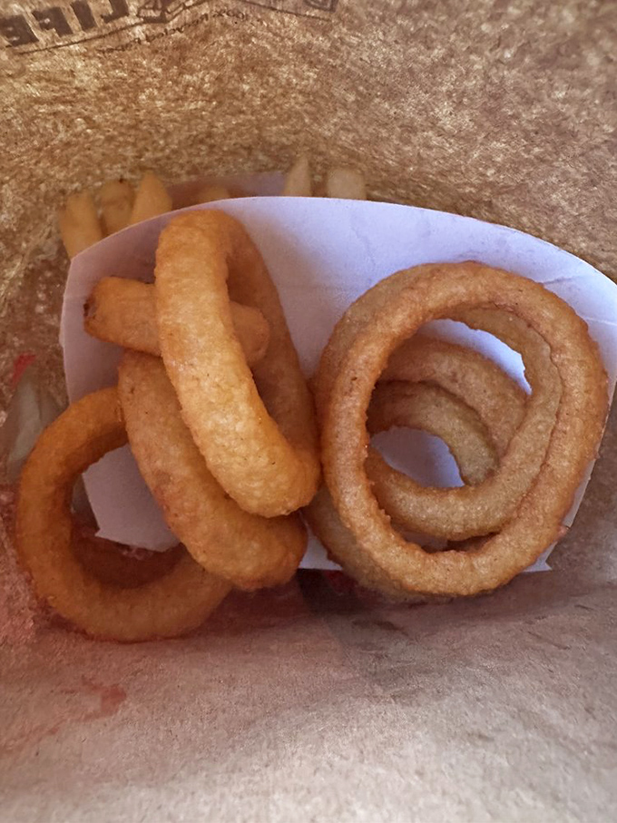 Onion rings with architectural integrity. These golden halos prove that sometimes the simplest pleasures are the most satisfying.