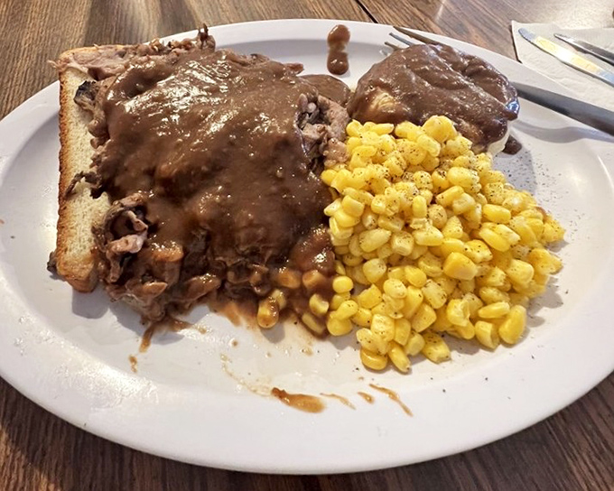 Open-faced roast beef that doesn't hide behind pretense&mdash;just honest meat, honest gravy, and corn that tastes like summer memories.