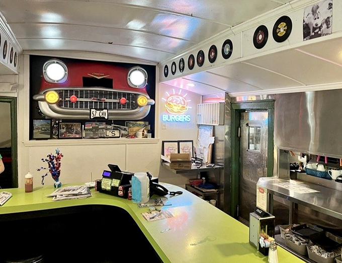 The vintage car front built into the counter isn't subtle, but that's the point. It's saying, "Yes, we've been here since cars had fins, and we're proud of it."