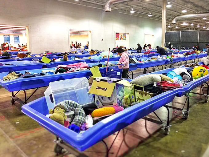 Blue bin paradise stretches as far as the eye can see. Each container holds the possibility of that needle-in-a-haystack discovery that keeps thrifters coming back.